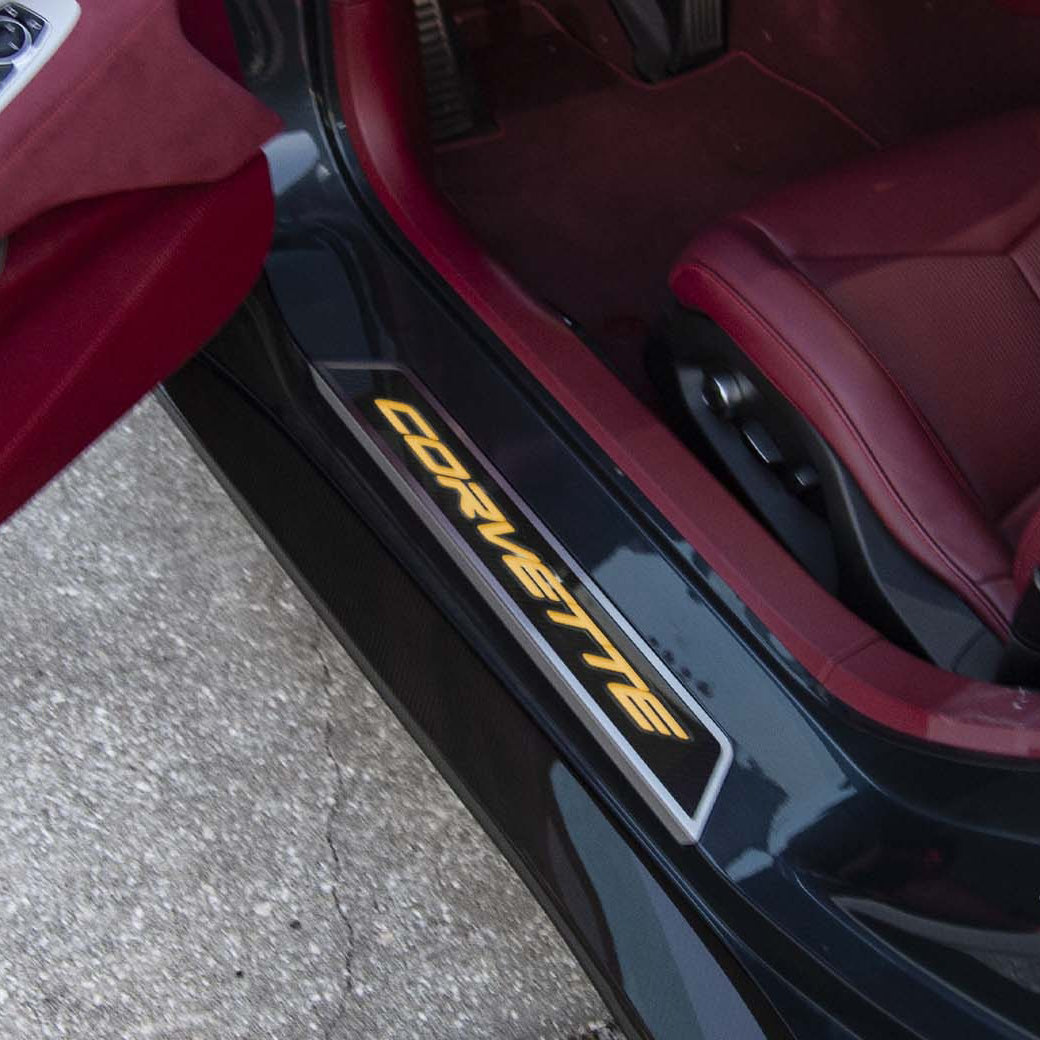 2020 2024 C8 Corvette Replacement Door Sills Carbon Fiber w Brushed GM Company Store